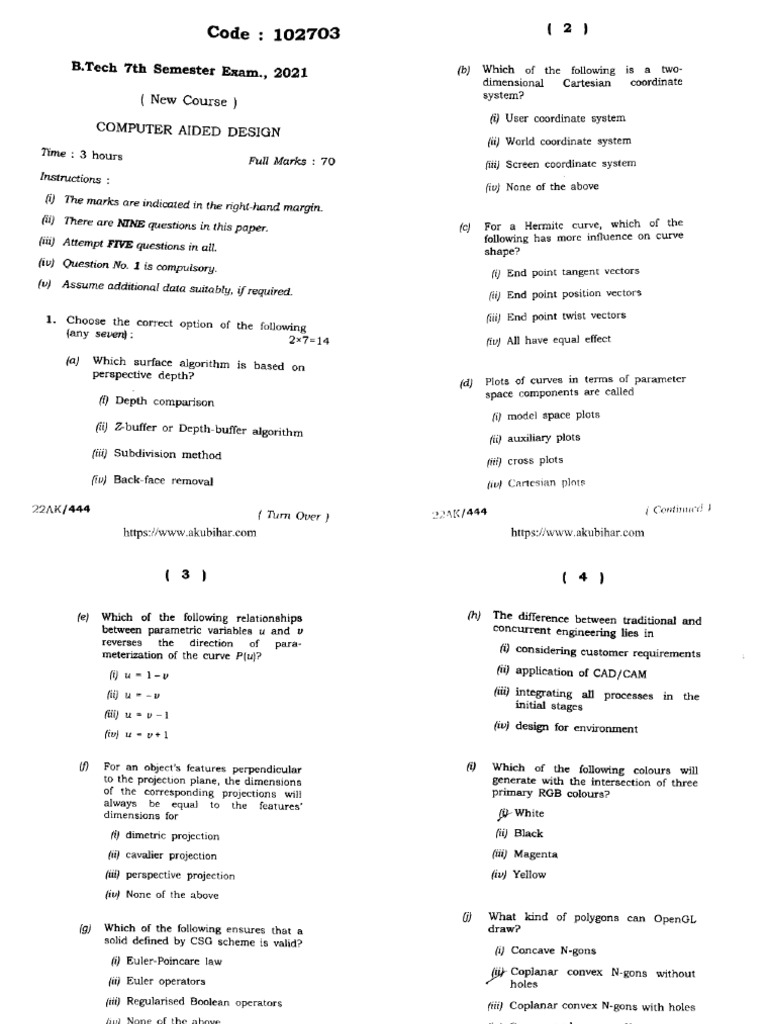 Btech 7 Sem Computer Aided Design 102703 2021 | PDF