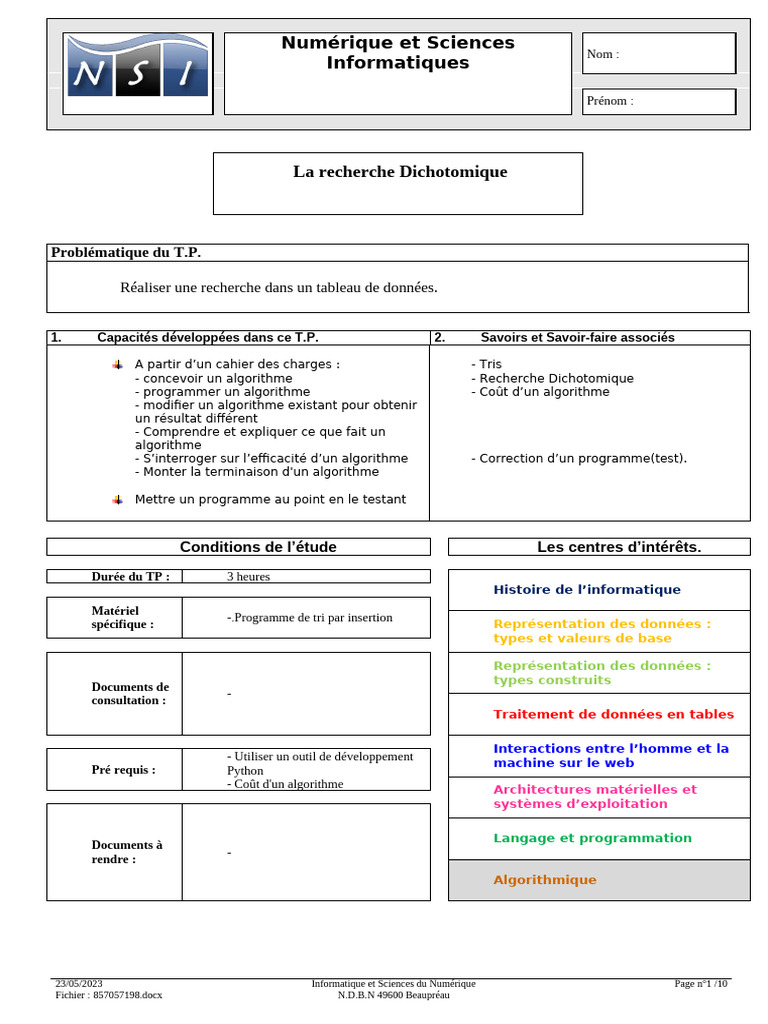 Algorithme de Dichotomie en Python | PDF | Informatique | Algorithmes