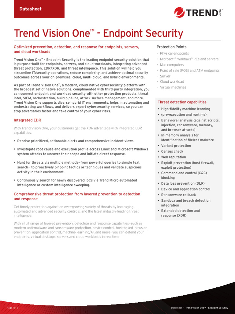 Vision One - Endpoint Security, Datasheet | PDF | Security | Computer Security
