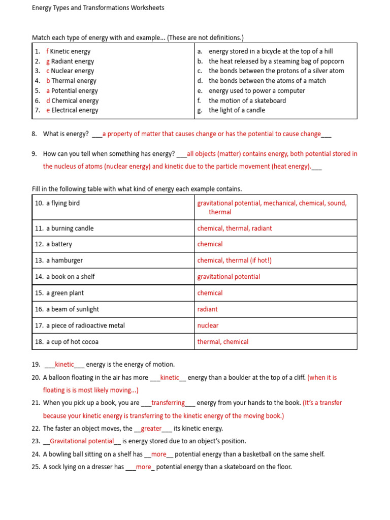 Answers Energy Types and Transformations Worksheets | PDF | Chemistry ...