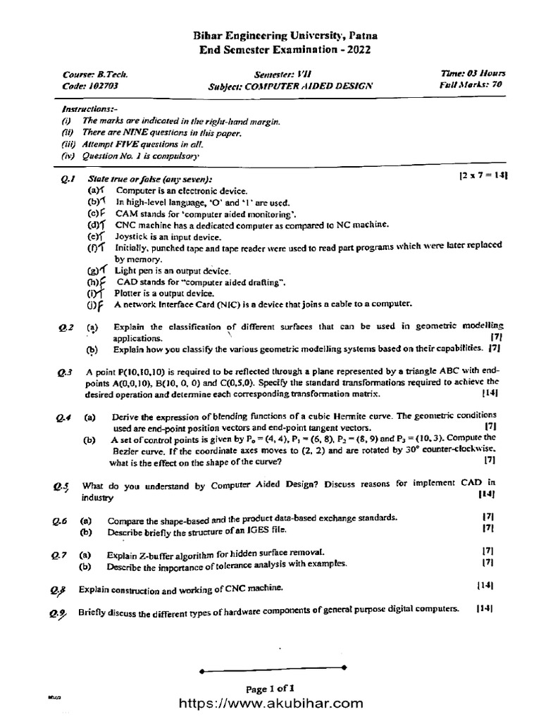 Btech Me 7 Sem Computer Aided Design 102703 2022 | PDF