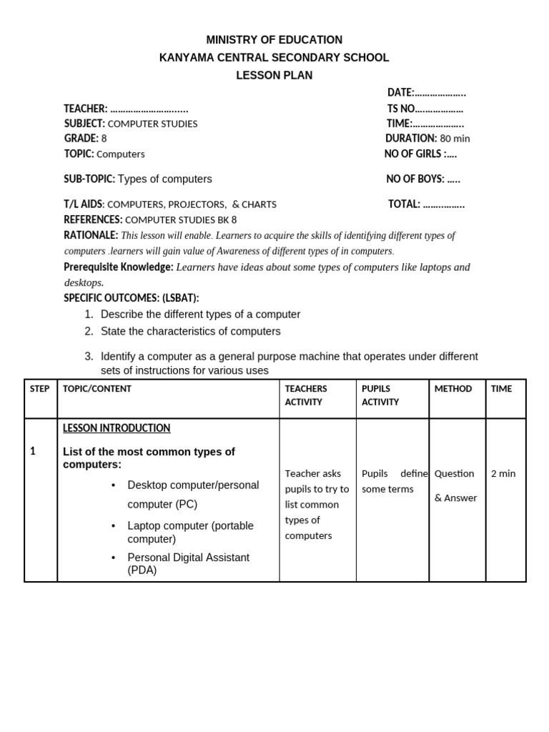 Lesson Plans Computer Studies g8 Samples | PDF | Input/Output ...