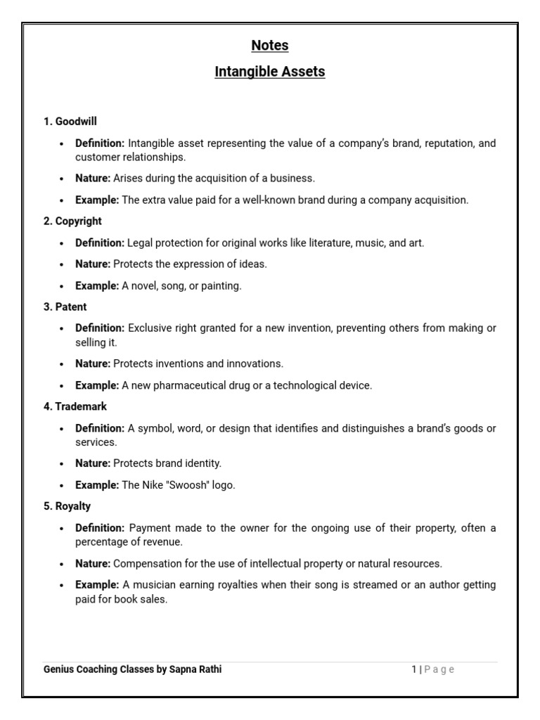 Intangible Assets Goodwill, Copyright, Patent, Trademark, and Royalty | PDF