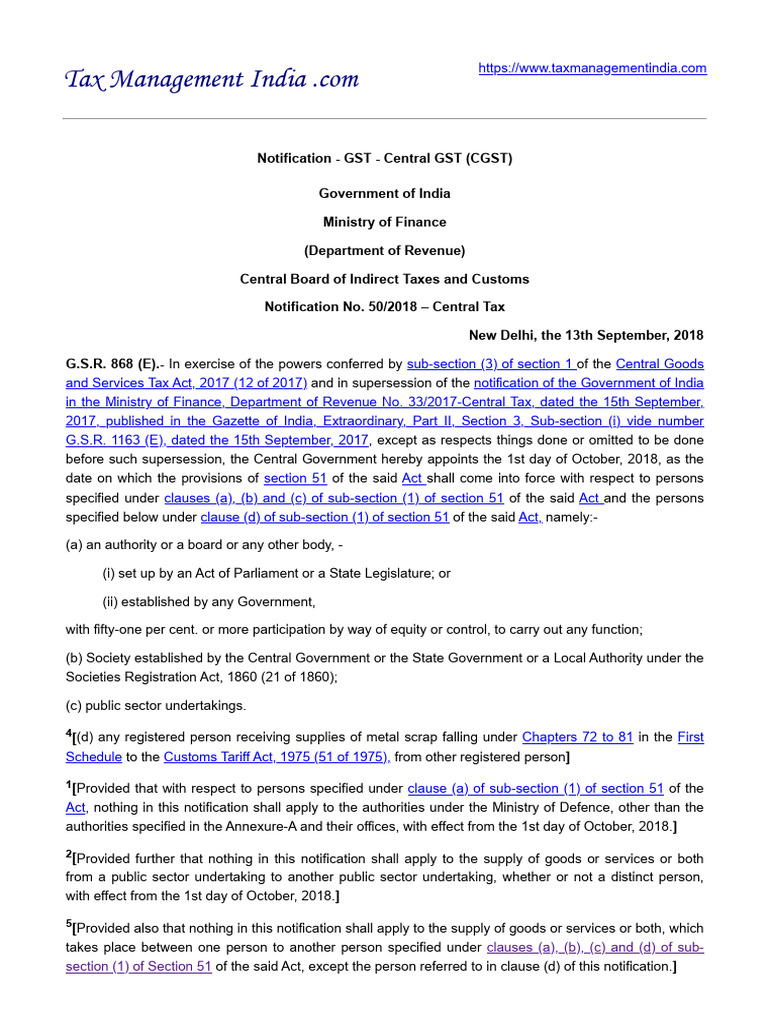 GST - Notification No. 50 - 2018 - Dated 13 - 09 - 2018 - Central GST ...