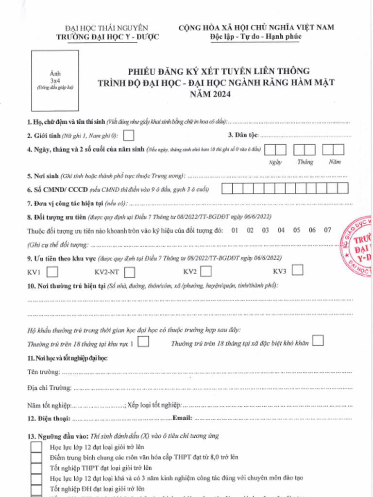 Phieu Dang Ky Xet Tuyen Lien Thong Trinh Do Dai Hoc Dai Hoc Nganh Rang Ham Mat | PDF