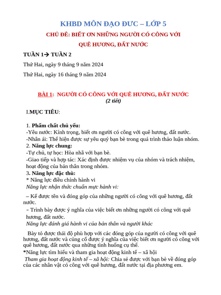 KHBD - ĐẠO ĐƯC - TUẦN 1-8 | PDF