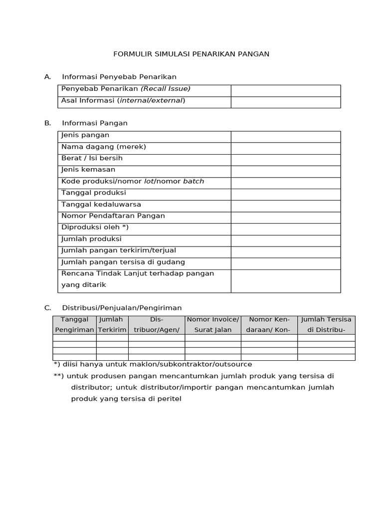 Formulir Simulasi Penarikan Pangan Bpom | PDF