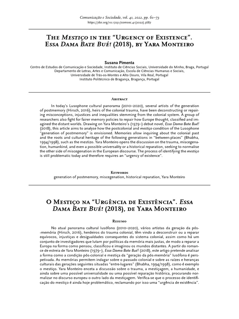 2022 - Pimenta - The Mestico in The Urgency of Existence | PDF | Angola ...