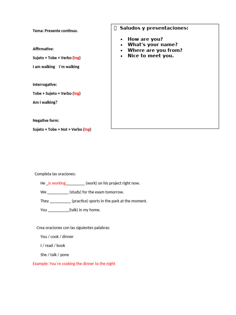 Present Continuous Tense Worksheet | PDF