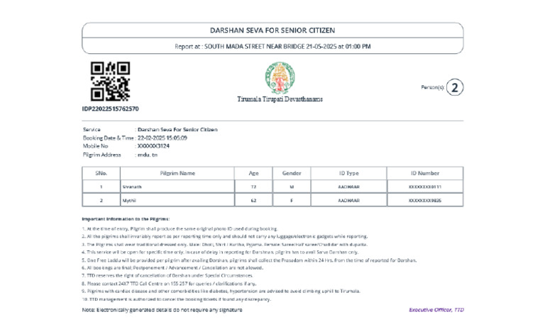 Darshan Seva For Senior Citizen Receipt | PDF