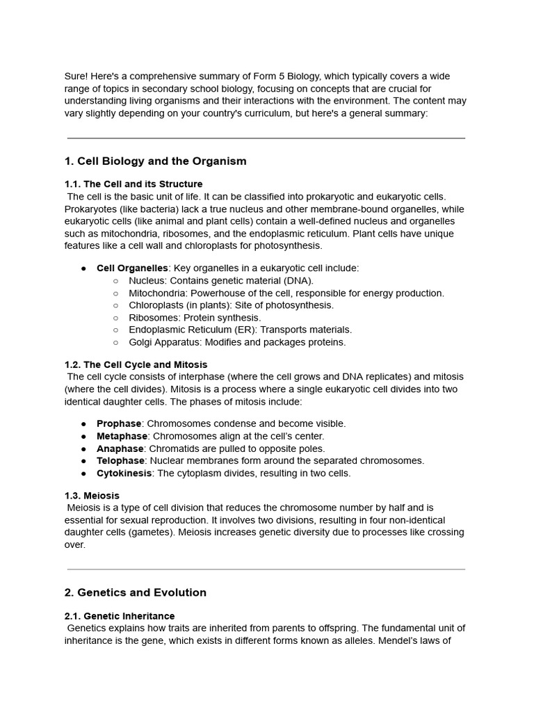 Form 5 Biology: Key Concepts Overview | PDF | Cell (Biology) | Genetics