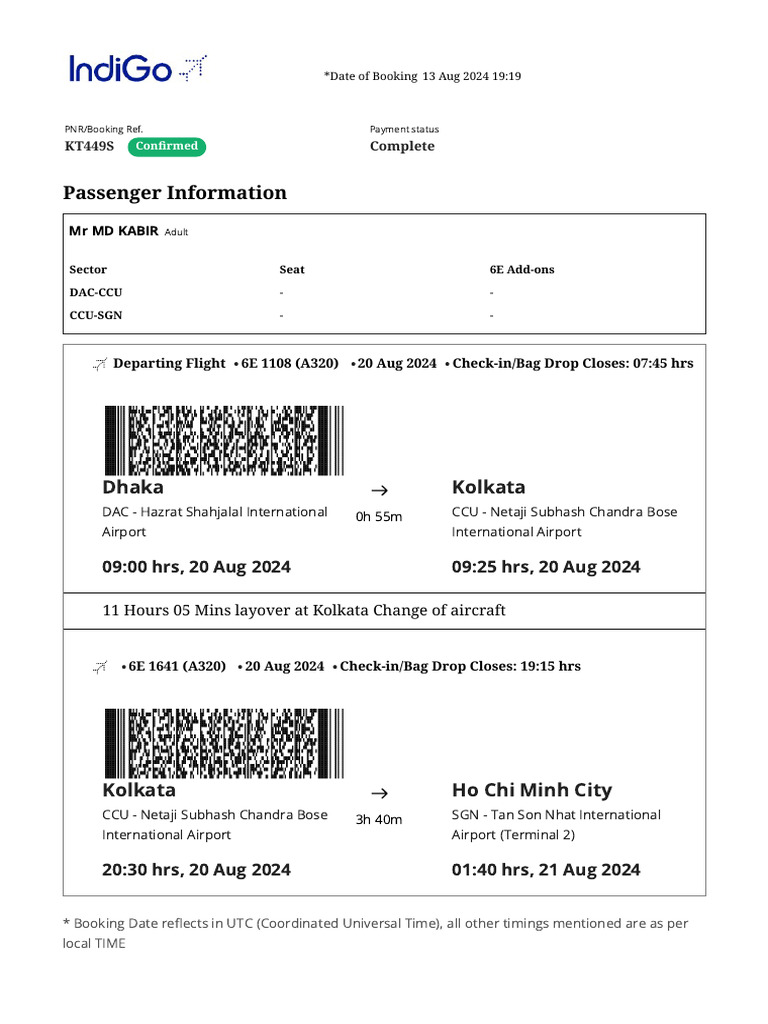 IndiGo Flight Itinerary for DAC-SGN | PDF | Value Added Tax | Travel Visa
