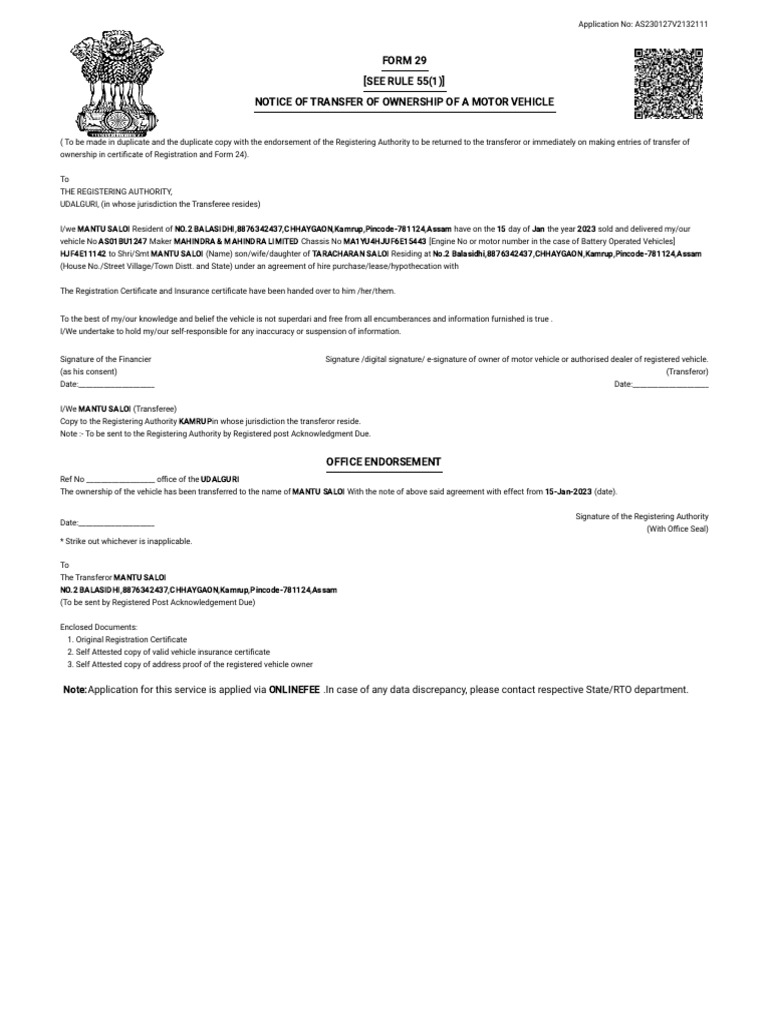 Motor Vehicle Ownership Transfer Notice | PDF | Transport | Vehicles