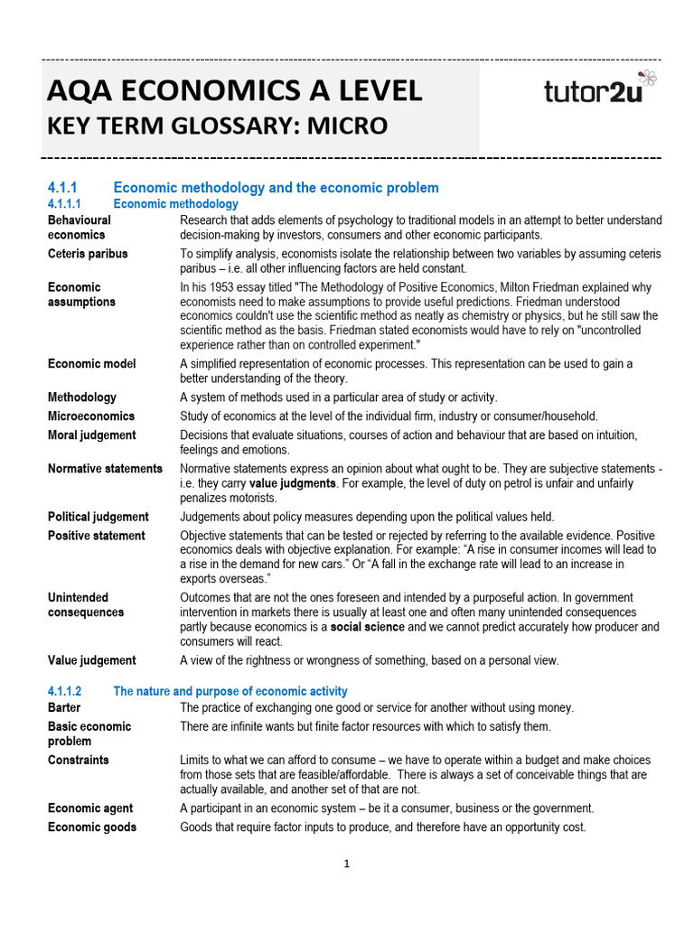 AQA Micro Glossary 2024 | PDF | Demand | Elasticity (Economics)