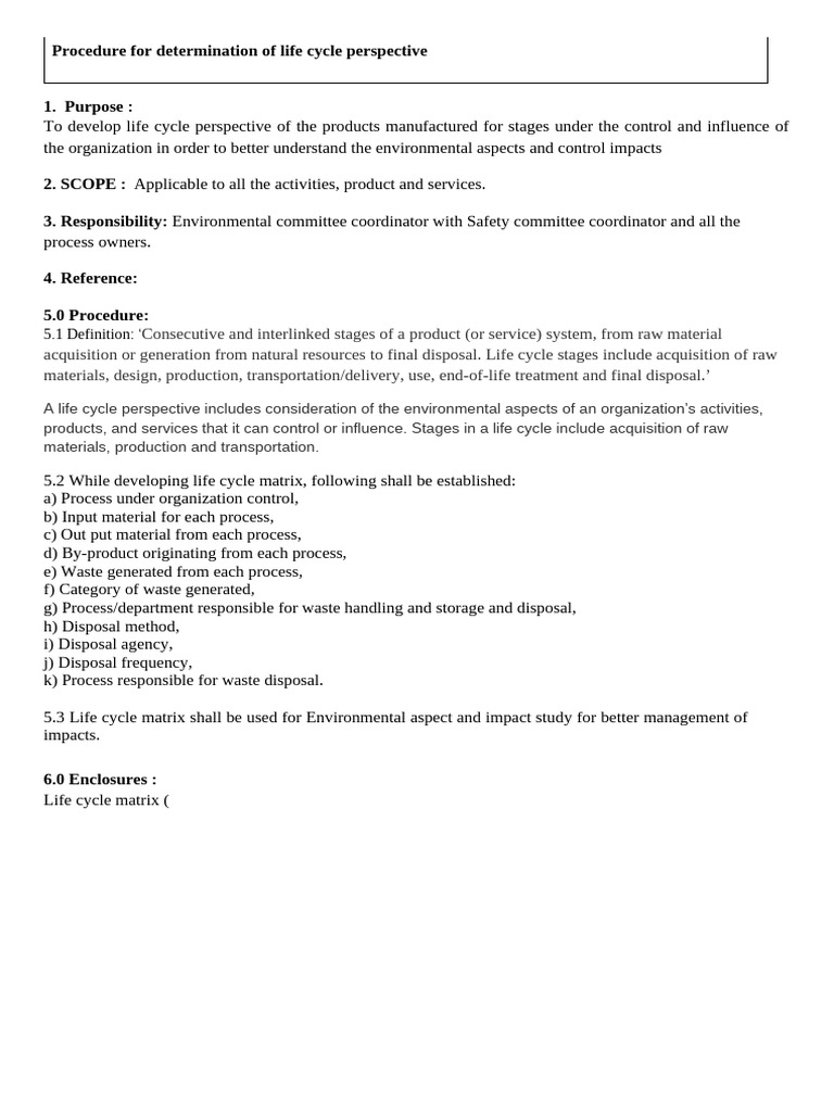 Procedure for determination of Life Cycle Perspective | PDF
