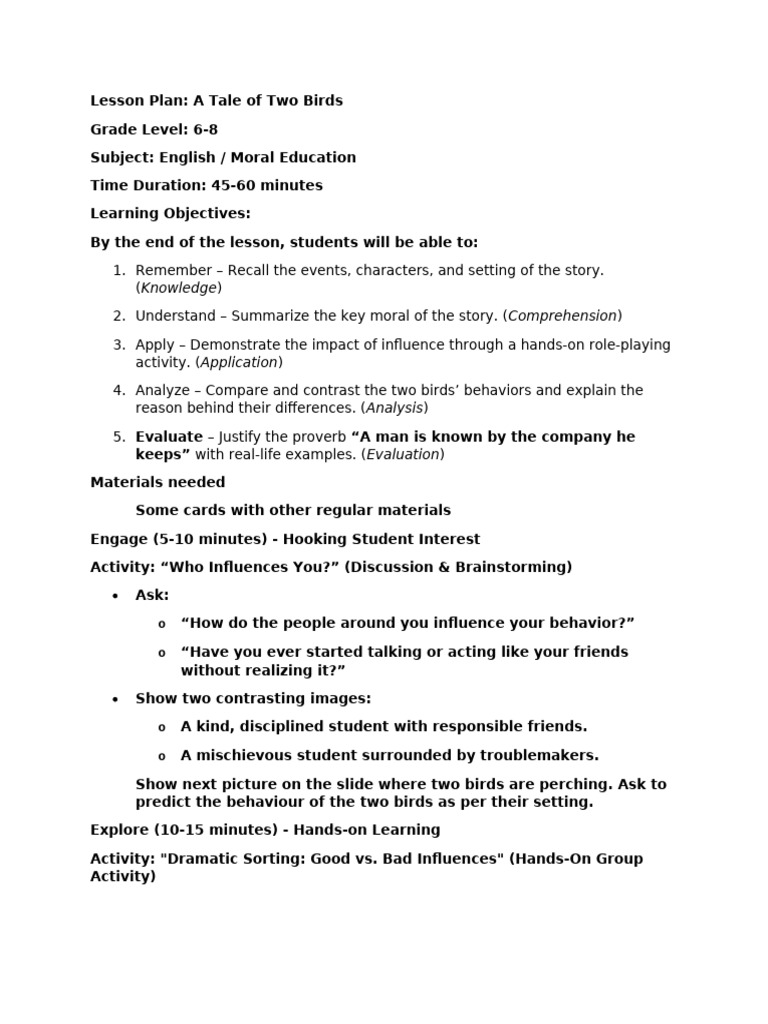 Lesson Plan: Two Birds and Influence | PDF | Behavior | Learning