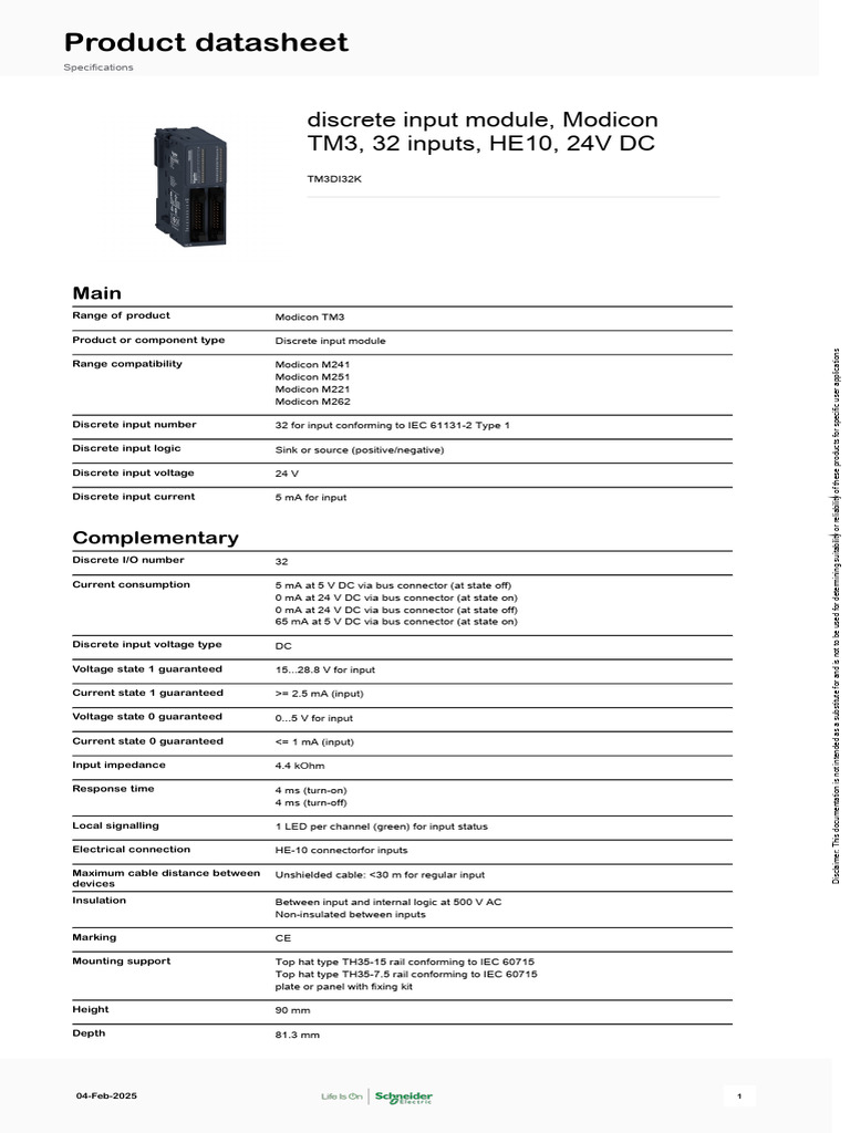 Schneider Electric - Modicon-TM3 - TM3DI32K | PDF | Programmable Logic ...