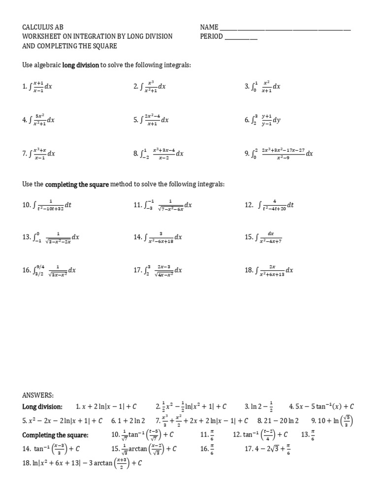 6.10 - WS On Long Division and Completing The Square | PDF | Mathematical Relations | Functions ...
