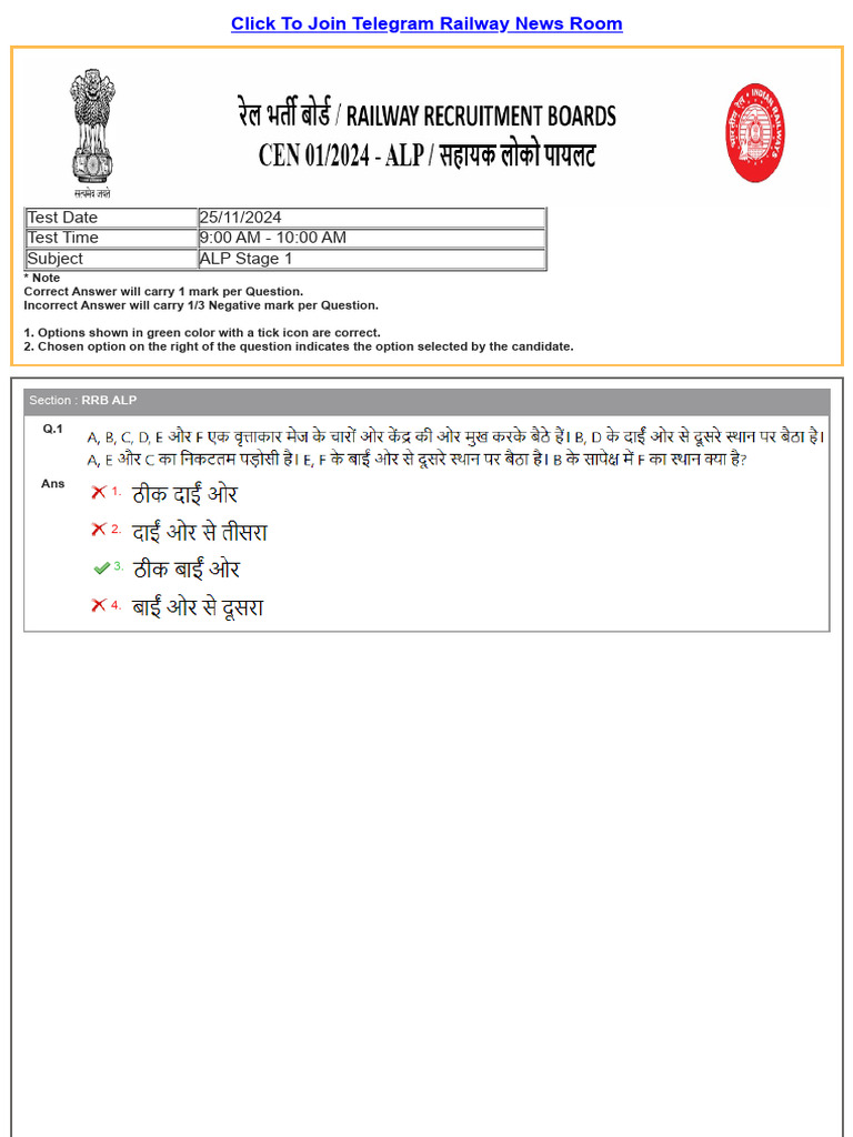 RRB ALP Answer Key Compilaton (Hindi) | PDF