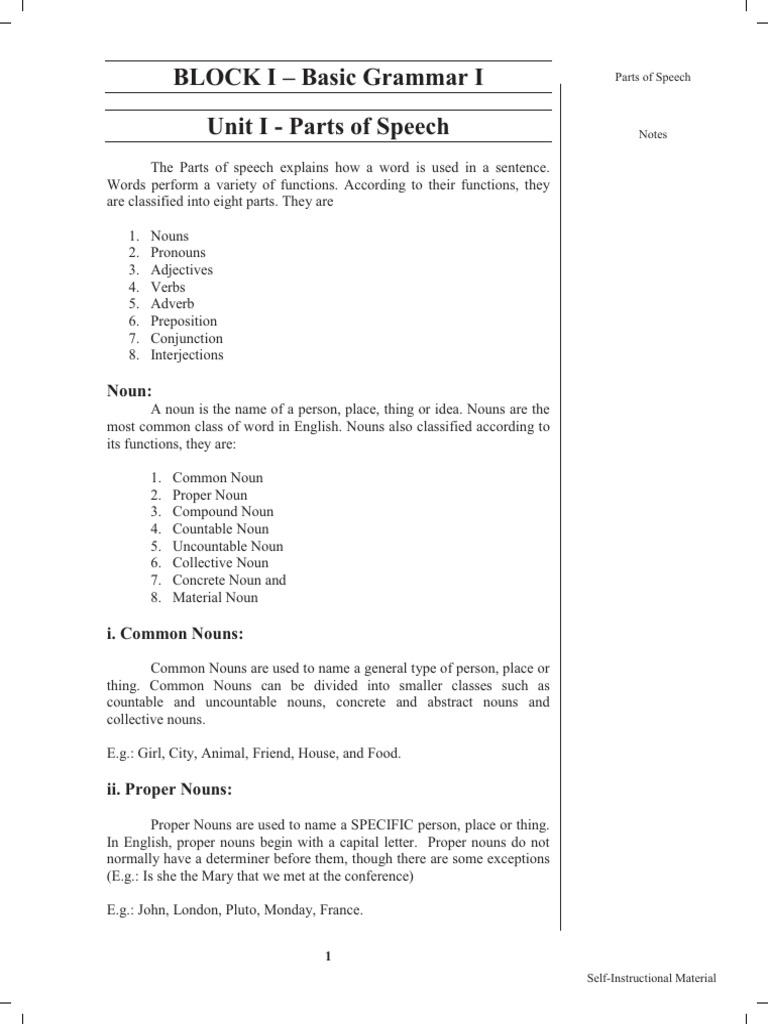 EGL553 Notes - Unit 2 - Parts of Speech | PDF | Noun | Pronoun