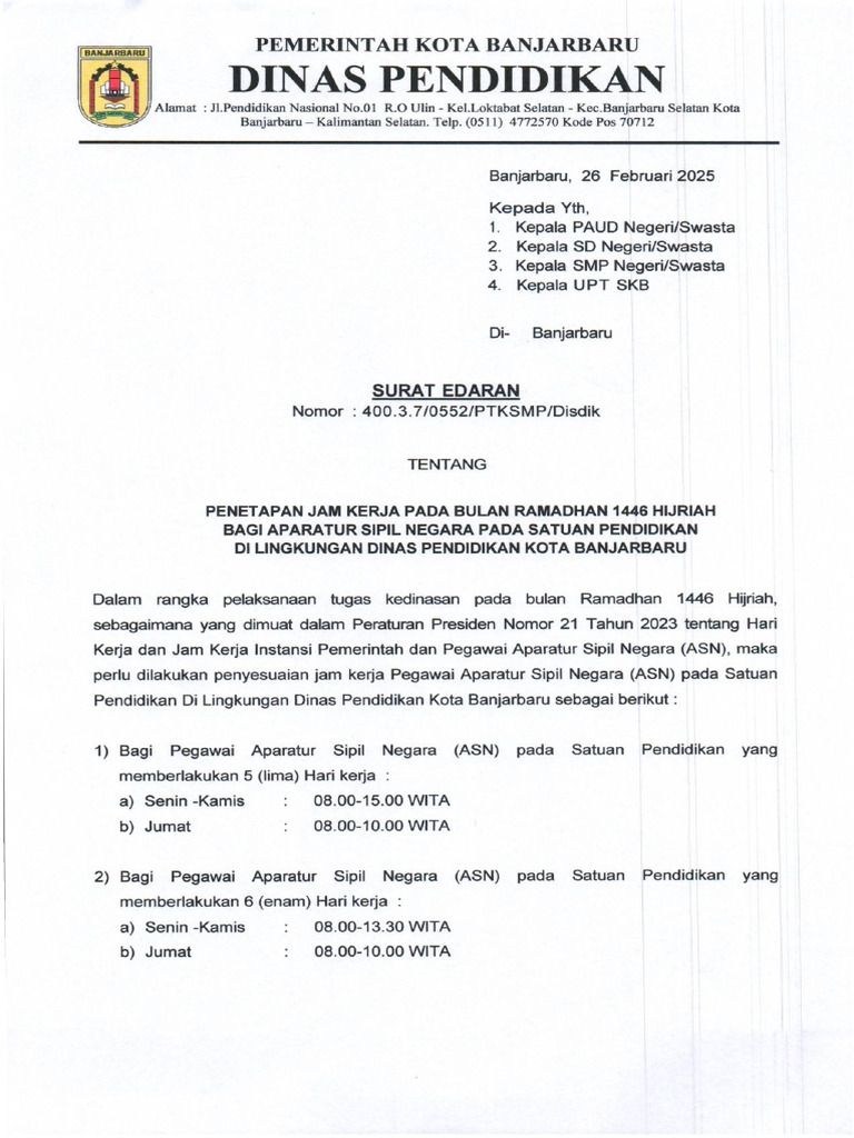 Surat Edaran Jam Kerja ASN Bulan Ramadhan | PDF