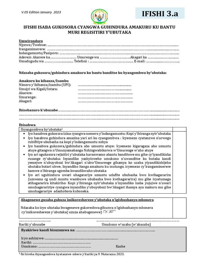 A Inyandiko Isaba Gukosora Cyangwa Guhindura Amakuru Ku Bantu Muri Rejisitir y Ubutaka | PDF