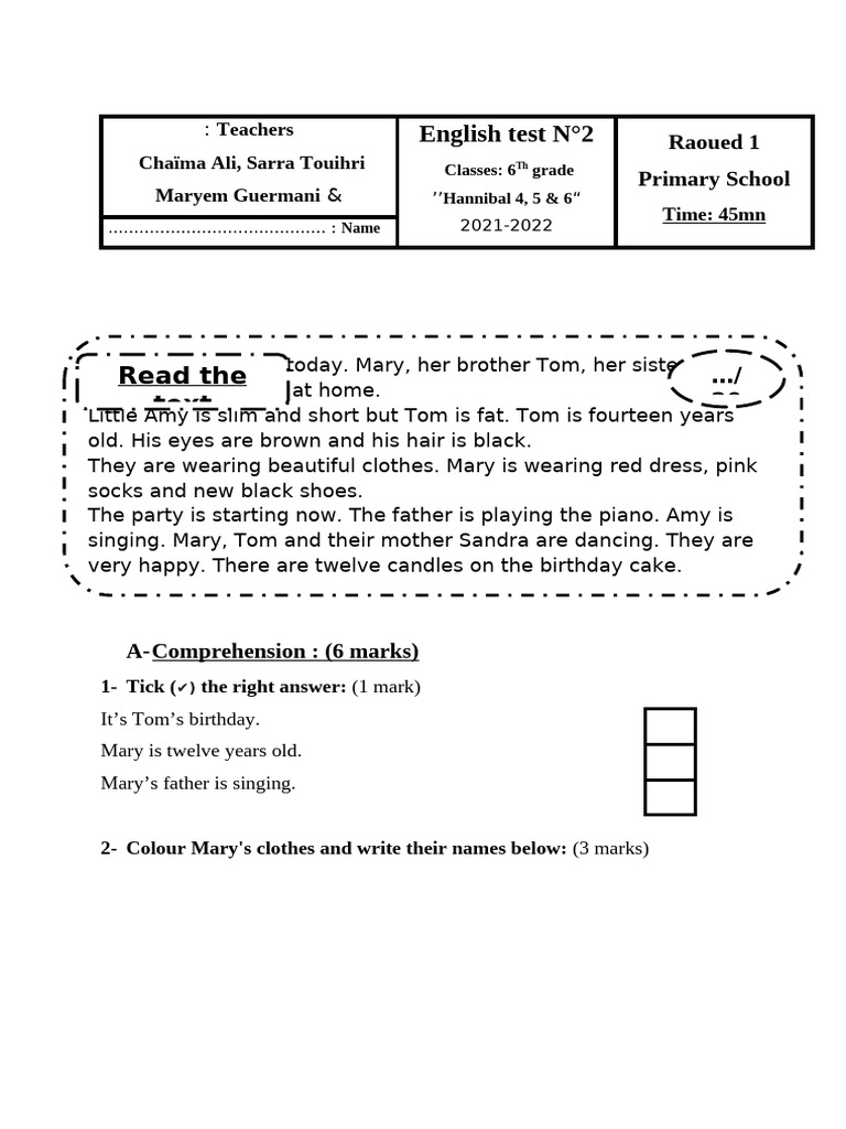 6th Grade English Test: Birthday Theme | PDF