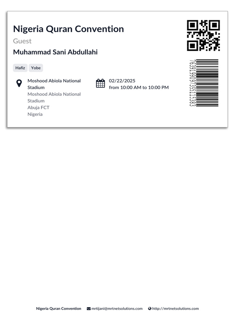 Tickets - Nigeria Quran Convention (Feb 22, 2025, 10 - 00 - 00 AM) - Muhammad Sani Abdullahi | PDF