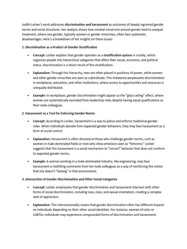 Judith Lorber discrimination and harassment | PDF | Discrimination | Gender