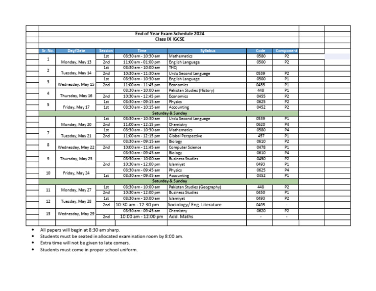 Exam Schedule EOY 9 IGCSE Final Version - May 2024 | PDF