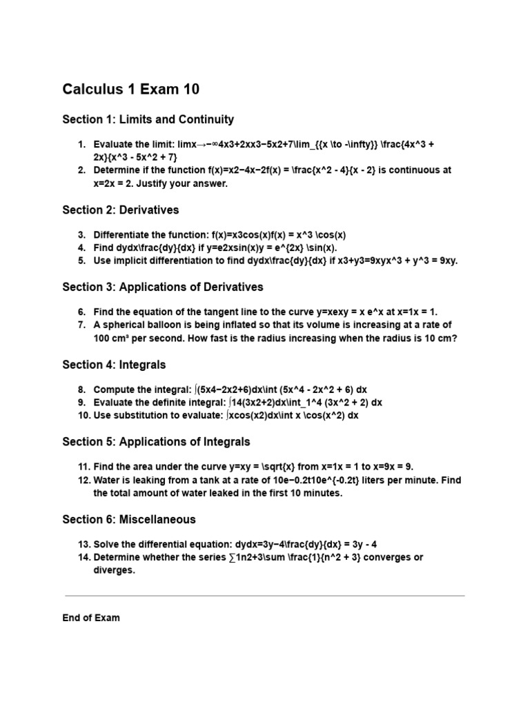 Calculus 1 Exam 10 | PDF