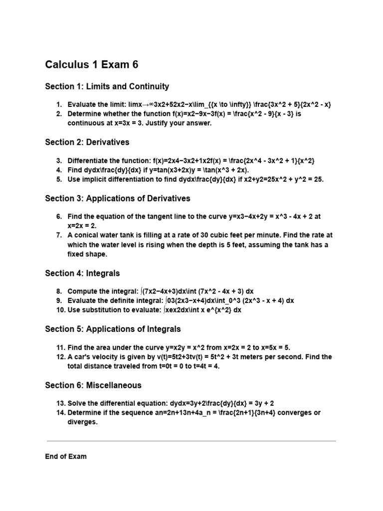 Calculus 1 Exam: Limits, Derivatives, Integrals | PDF