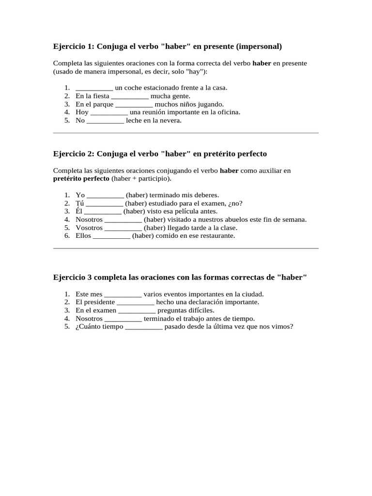 Ejercicios Del Verbo Haber | PDF