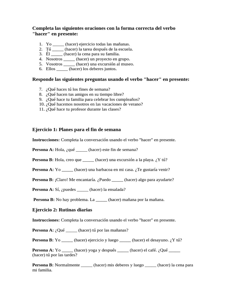 Ejercicios del verbo "hacer" en español | PDF