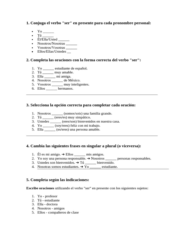 Ejercicios de Conjugación del Verbo "Ser" | PDF