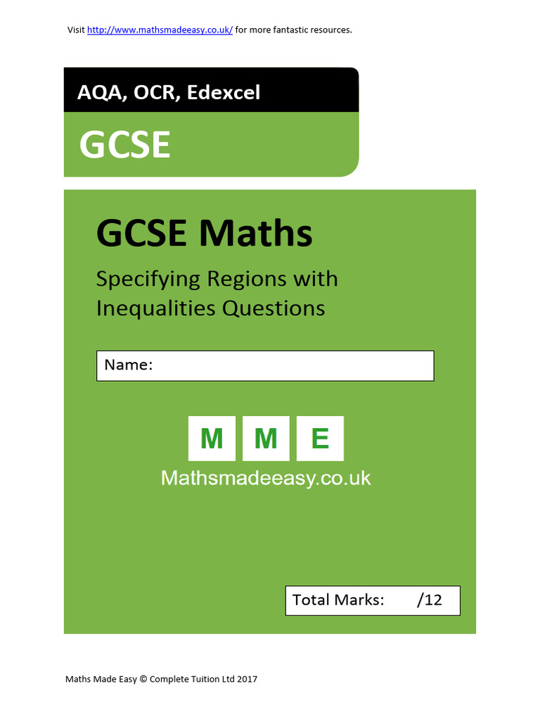 GCSE Maths Revision Defining Inequalities Regions Questions | PDF