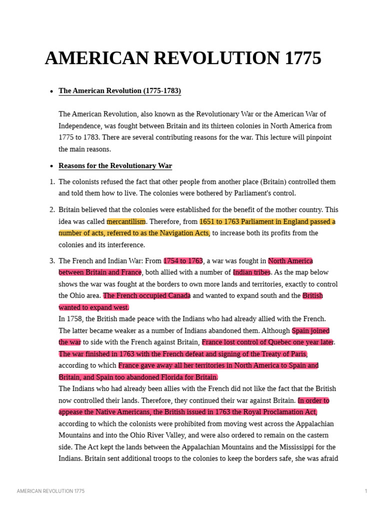 Key Reasons for the American Revolution | PDF | American Revolutionary ...