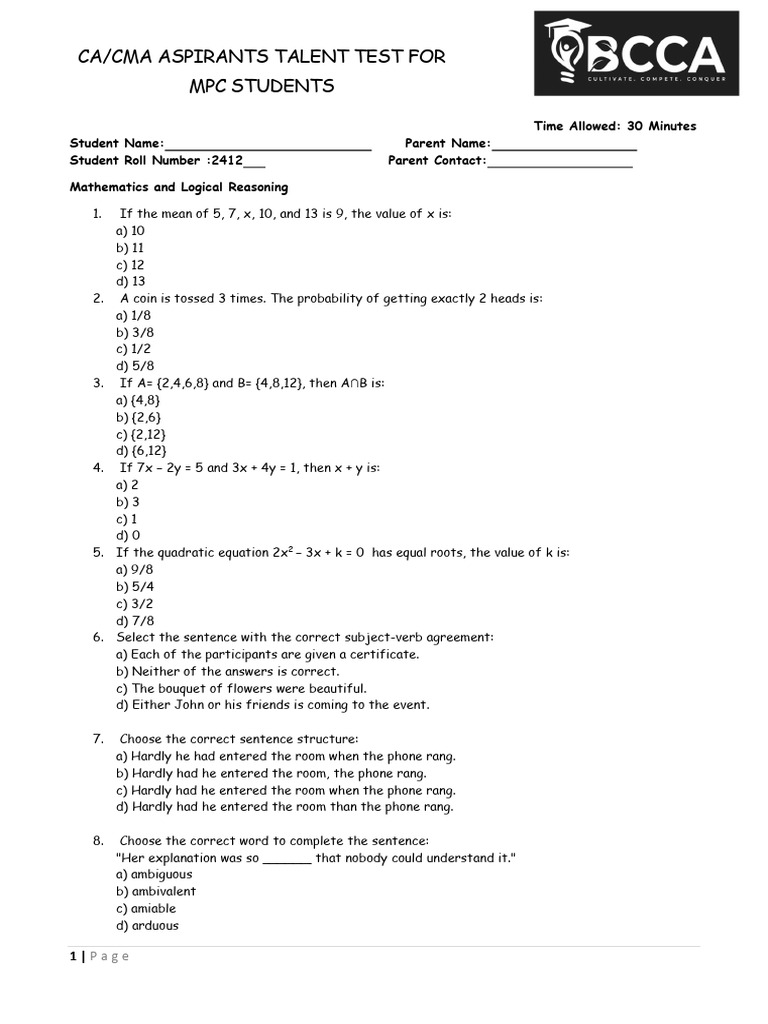 MPC Students Talent Test Questions | PDF | Mathematics