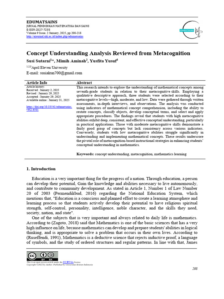 Concept Understanding Analysis Reviewed From Metacognition Pdf Reading Comprehension