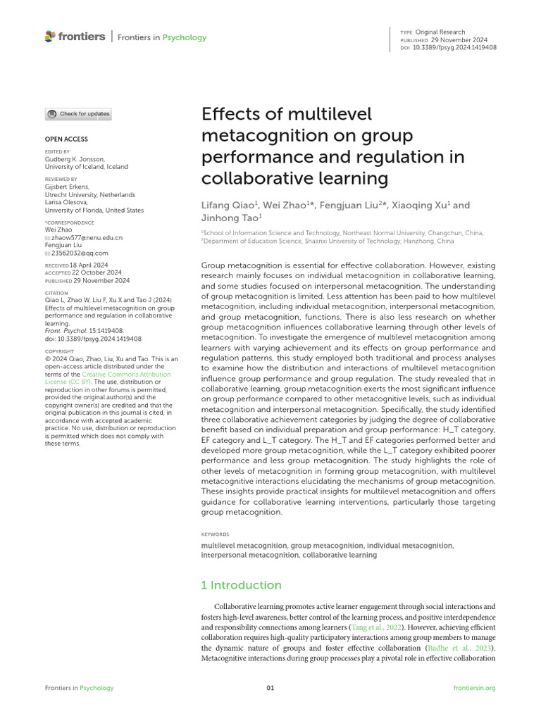Effects of multilevel metacognition on group performance and regulation in collaborative ...