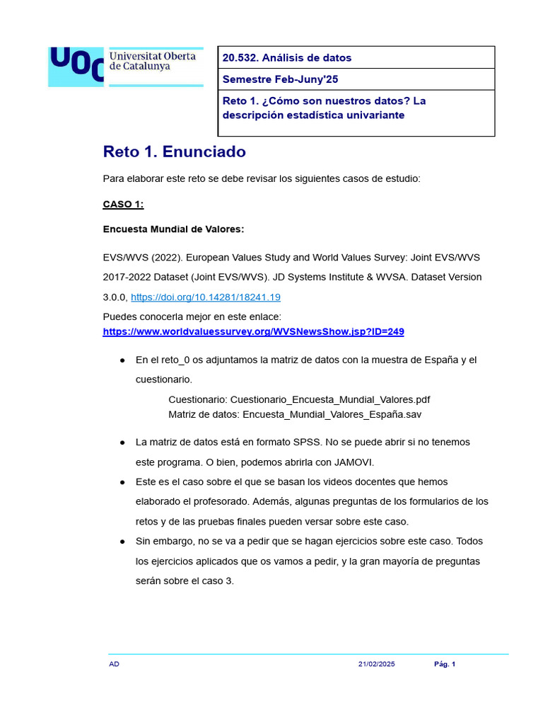 20.532 Reto 1 Enunciado | PDF | Cuestionario | Estadísticas
