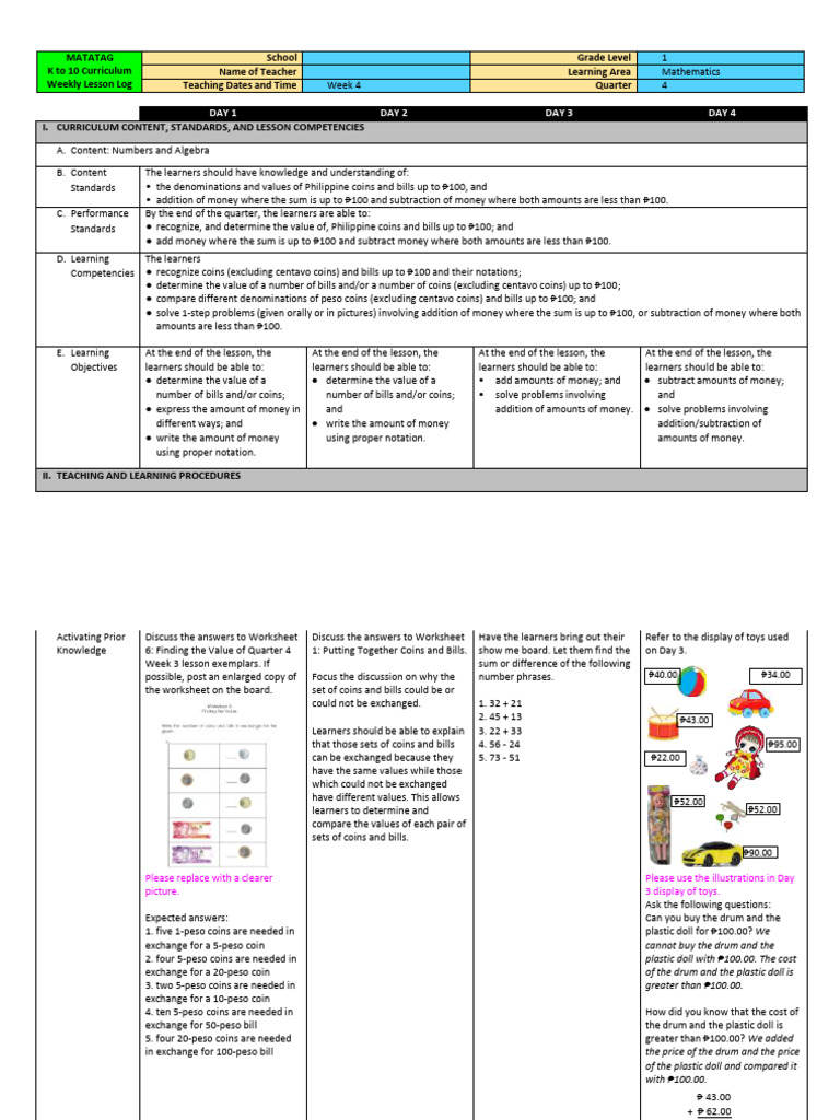 LE_Math 1_Q4_Week 4_v.2 | PDF | Money | Learning