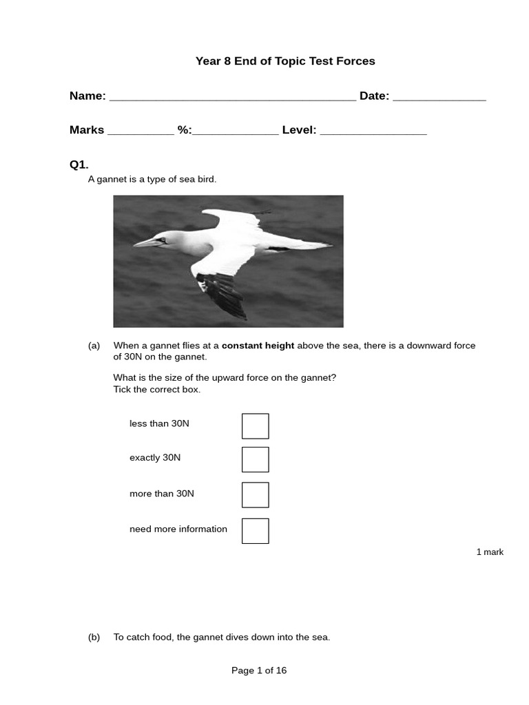 Forces End of Topic Test and Mark Scheme | PDF | Force | Potential Energy