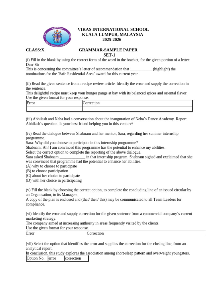 Sample Paper Grammar SET 1 | PDF