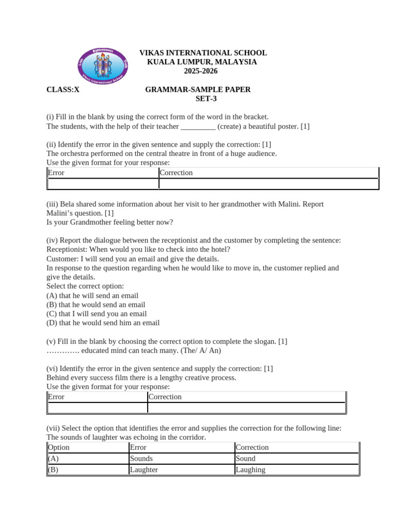 Grammar Sample Paper for Class X | PDF