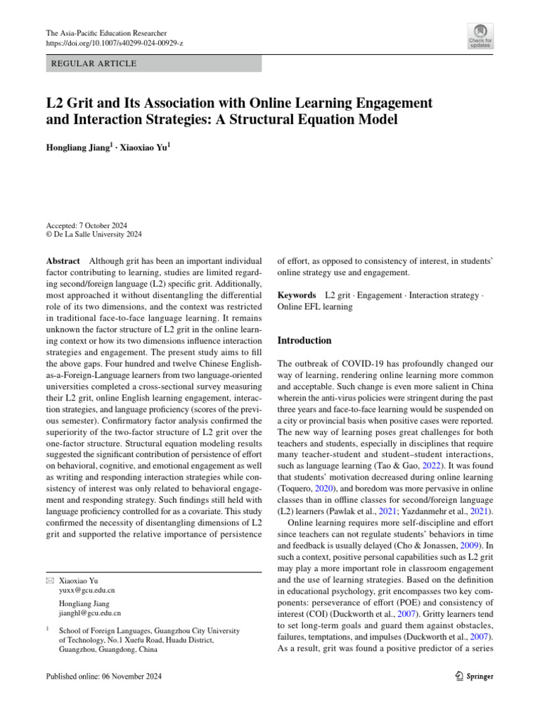L2 Grit and Its Association With Online Learning Engagement and ...