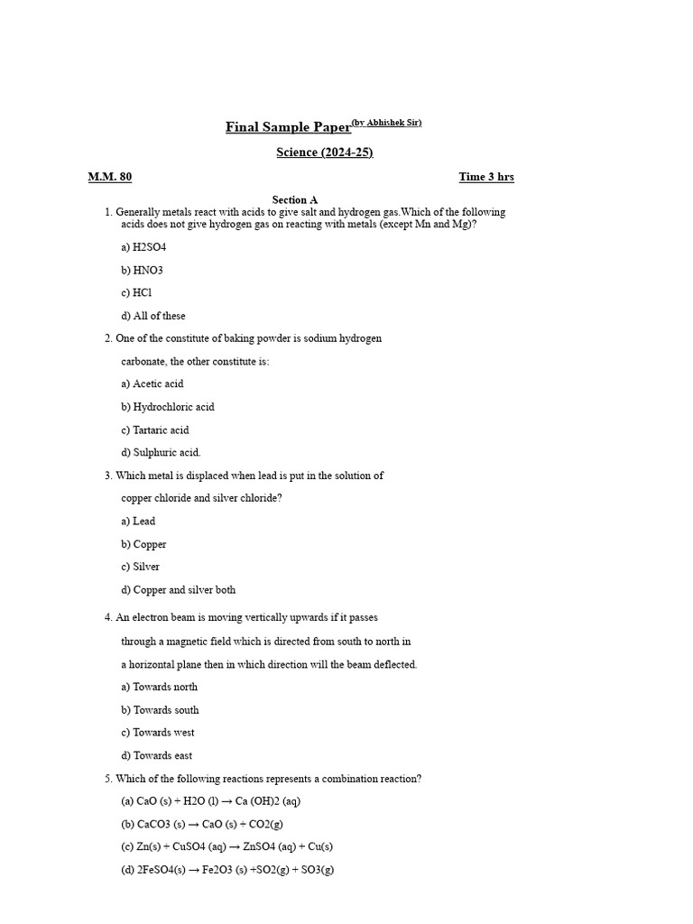 Final Sample Paper Science2024-25 | PDF | Acid | Flowers
