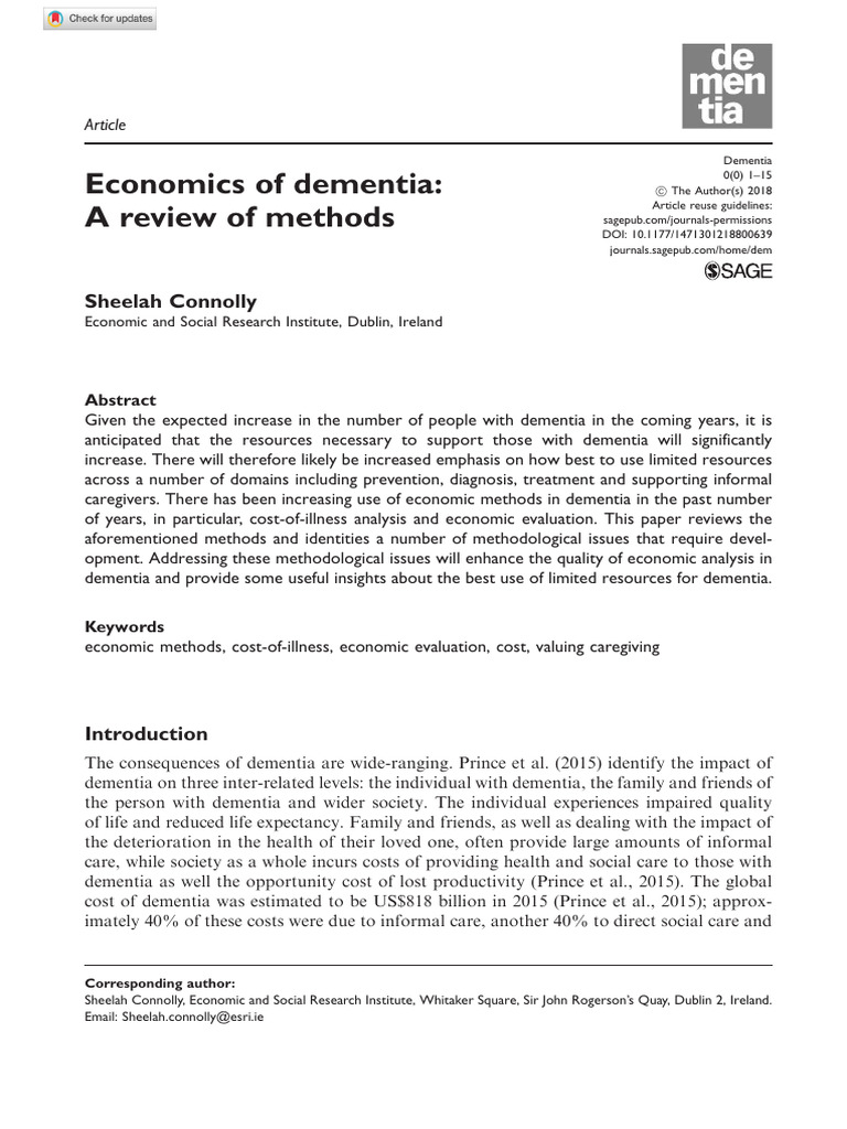 Economics of Dementia - A Review of Methods | PDF | Dementia | Caregiver