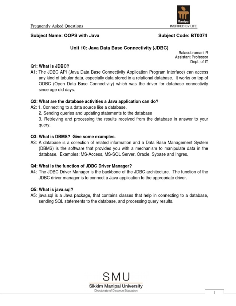 Subject Name: OOPS With Java Subject Code: BT0074 Unit 10: Java Data Base Connectivity (JDBC) | PDF