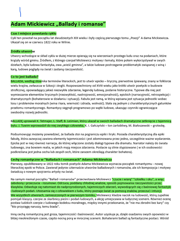 Adam Mickiewicz, Ballady I Romanse - Opracowanie Wstępu BN | PDF